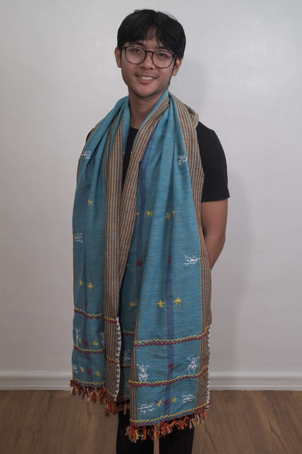 Pre-Order Tiniri Shawl with Itneg Embroidery (Light Blue Stripes ...